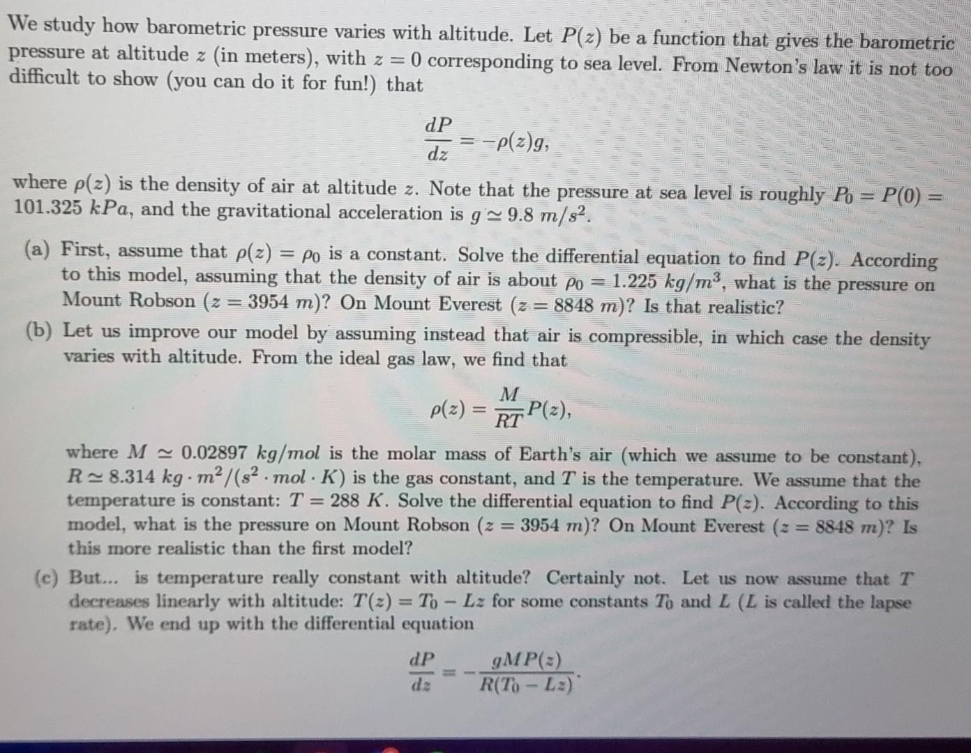 Solved We study how barometric pressure varies with | Chegg.com