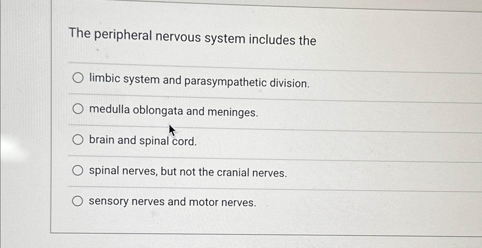 Solved The peripheral nervous system includes thelimbic | Chegg.com