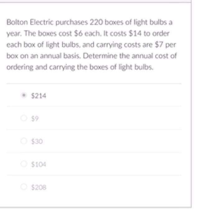 Solved Bolton Electric purchases 220 boxes of light bulbs a | Chegg.com