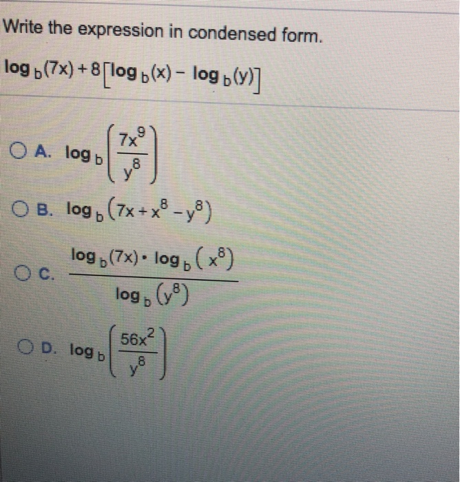 Solved Write the expression in condensed form. log (7x) | Chegg.com