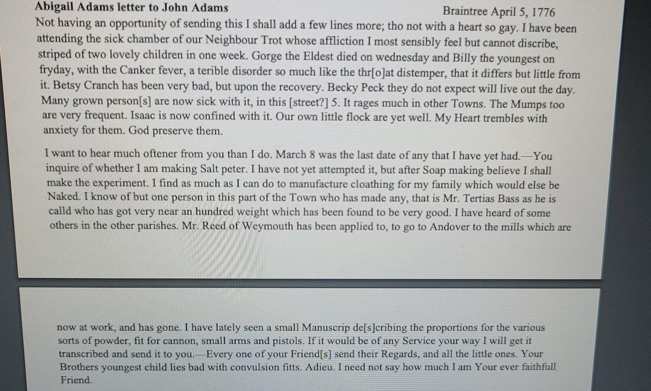 Abigail Adams letter to John Adams Braintree March | Chegg.com