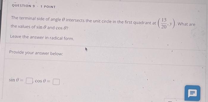 Solved QUESTION 9- 1 POINT The terminal side of angle | Chegg.com