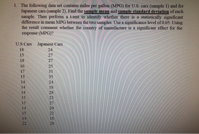 Solved 1. The following data set contains miles per gallon | Chegg.com