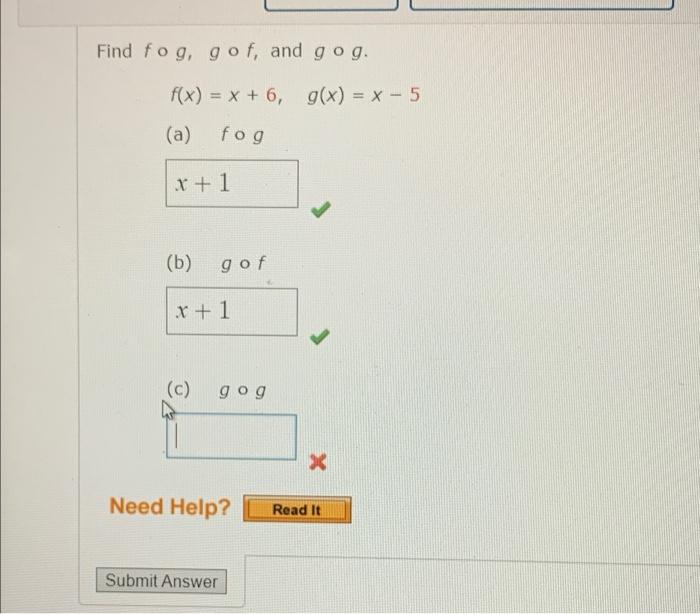 Solved Find fog, go f, and go g. f(x) = x + 6, (a) fog x+1 | Chegg.com