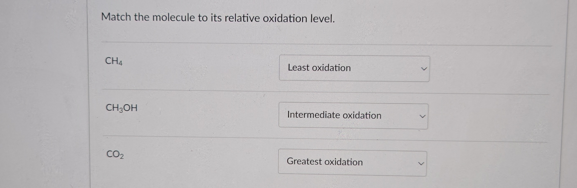 Solved Match the molecule to its relative oxidation | Chegg.com