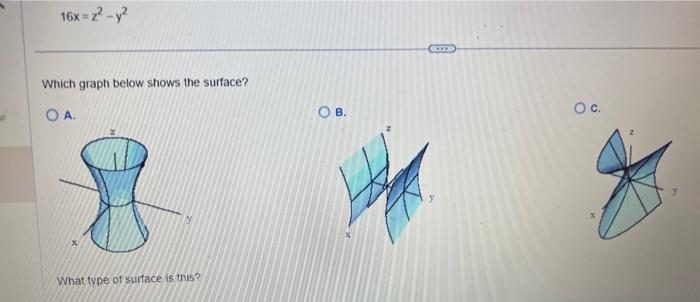 Solved 16x=z2−y2 Which graph below shows the surface? A. | Chegg.com