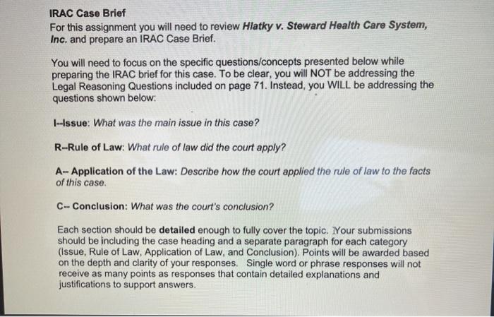 IRAC Case Brief For this assignment you will need to | Chegg.com