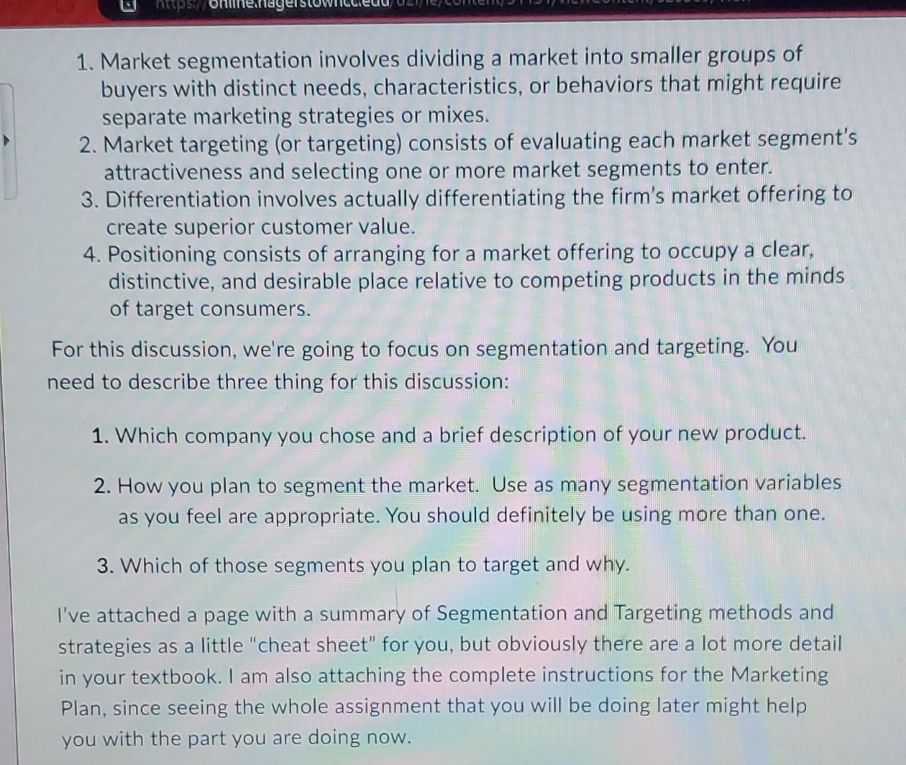 Solved 1. Market segmentation involves dividing a market | Chegg.com