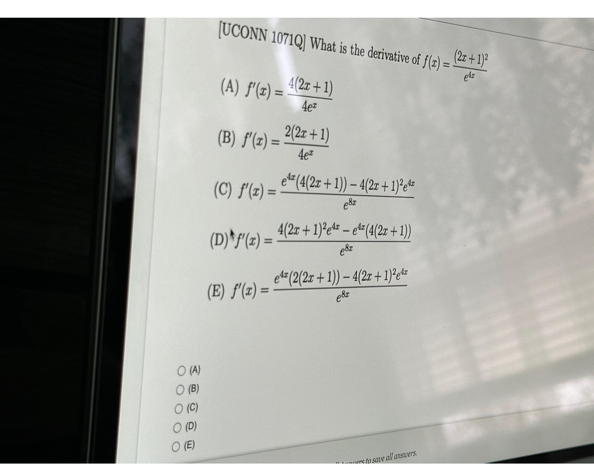 Solved [UCONN 1071Q] ﻿What is the derivative of | Chegg.com