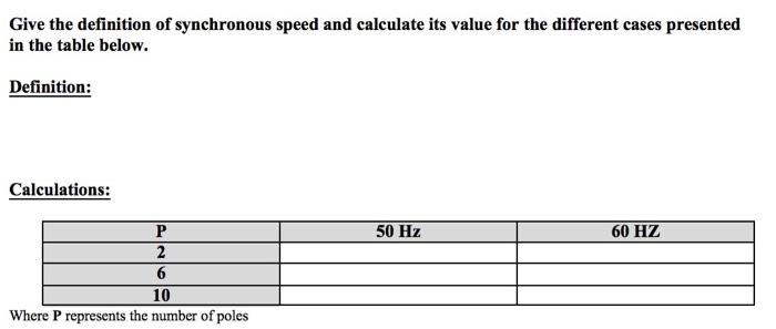 Solved Give the definition of synchronous speed and | Chegg.com