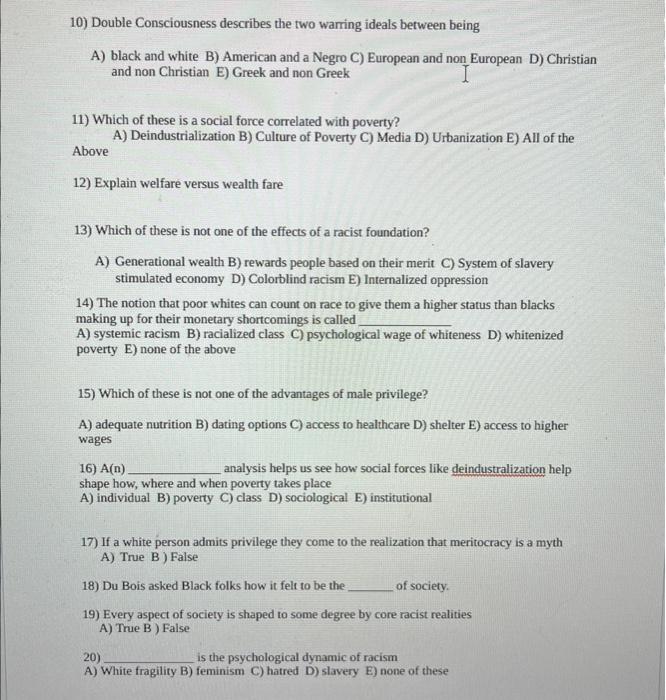 10) Double Consciousness describes the two warring | Chegg.com