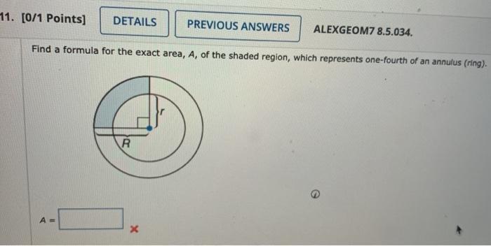 Solved 11. [0/1 Points) DETAILS PREVIOUS ANSWERS ALEXGEOM7 | Chegg.com Solved 11. [0/1 Points) DETAILS PREVIOUS ANSWERS ALEXGEOM7 | Chegg.com