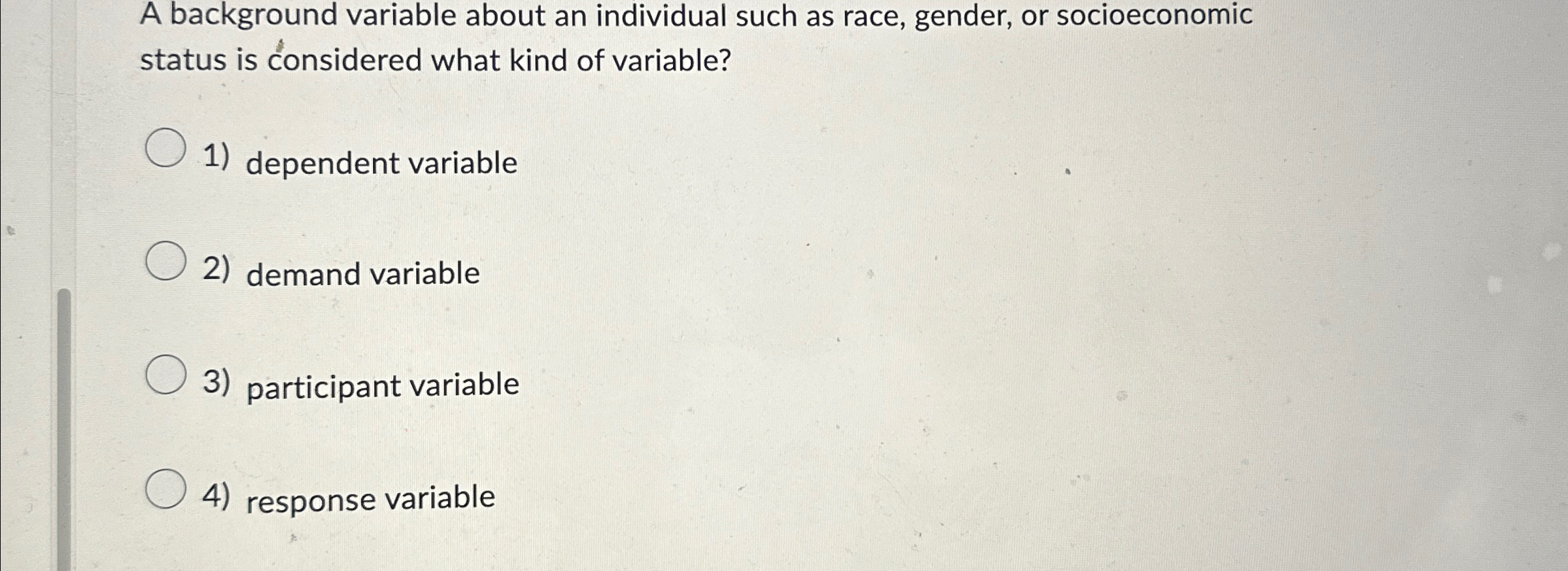 Solved A background variable about an individual such as | Chegg.com