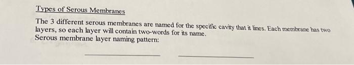 Solved Types of Serous Membranes The 3 different serous | Chegg.com