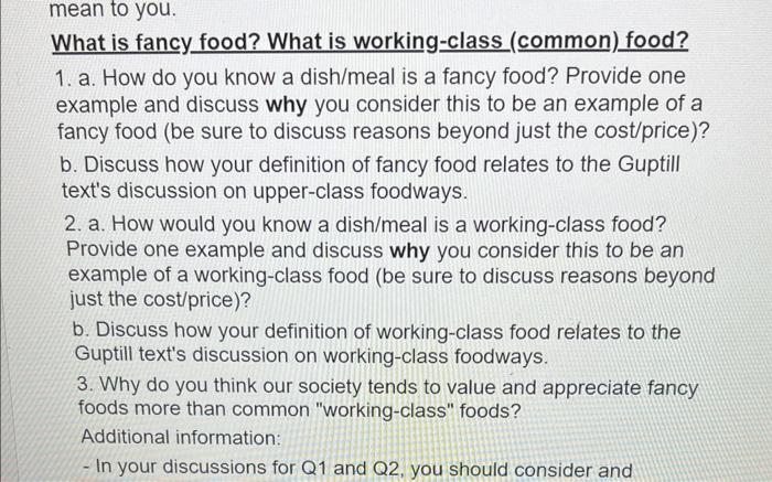 What is fancy food? What is working-class (common) | Chegg.com