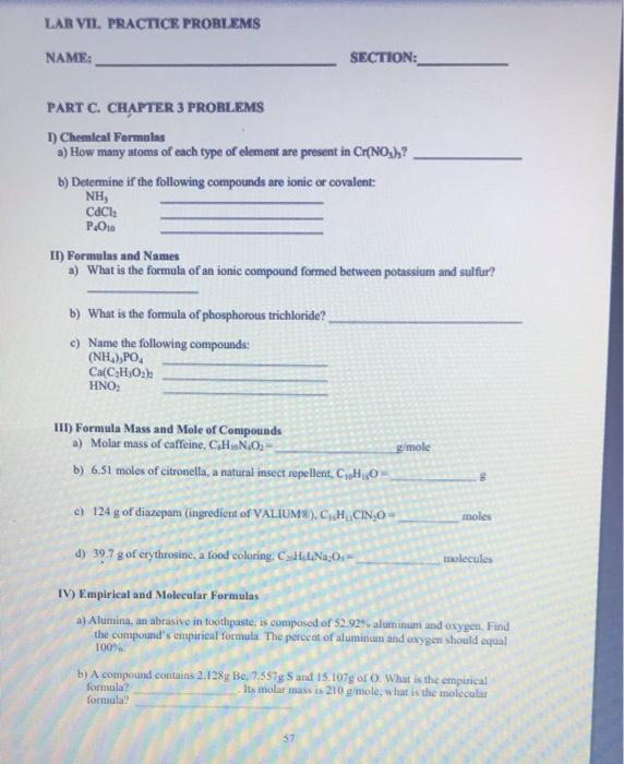 Solved LAB VII PRACTICE PROBLEMS NAME: SECTION: Adapted from | Chegg.com