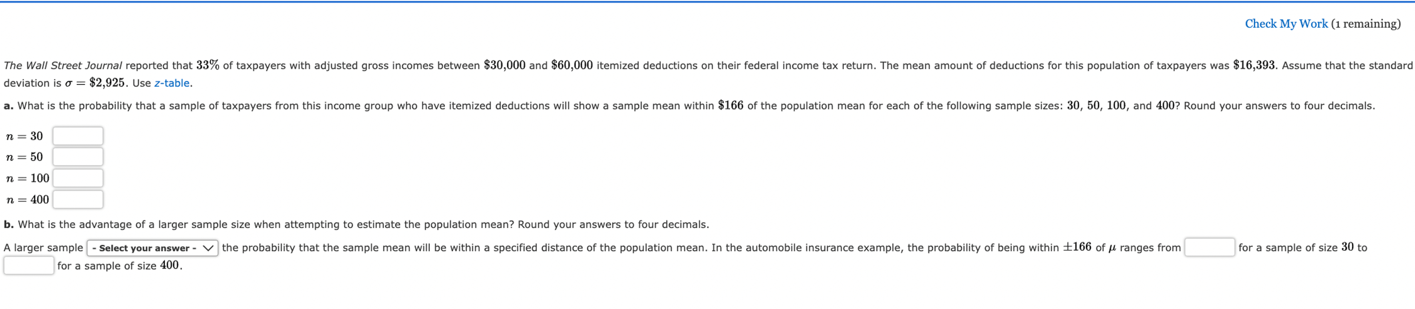 Solved Check My Work (1 ﻿remaining)deviation is σ=$2,925. | Chegg.com