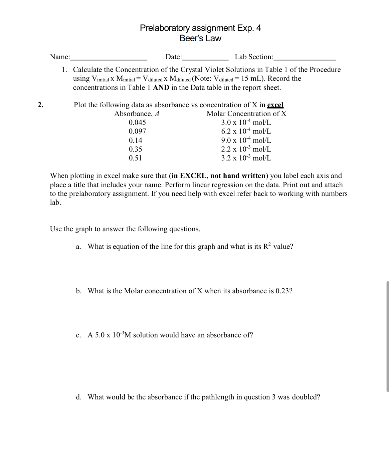 Solved Prelaboratory assignment Exp. 4Beer's | Chegg.com Solved Prelaboratory assignment Exp. 4Beer's | Chegg.com