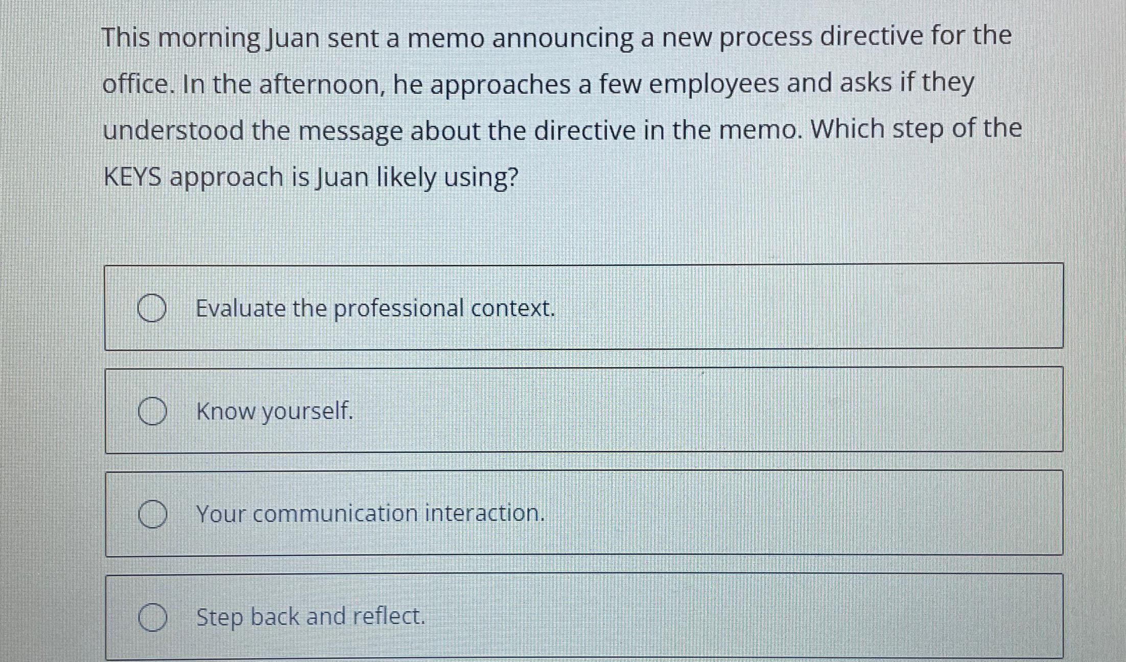 Solved This morning Juan sent a memo announcing a new | Chegg.com