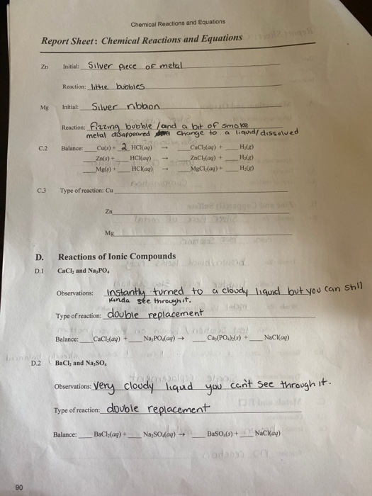 Solved Chemical Reactions and Equations Report Sheet: | Chegg.com