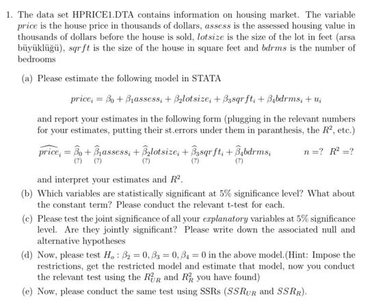 The data set HPRICE1.DTA contains information on | Chegg.com