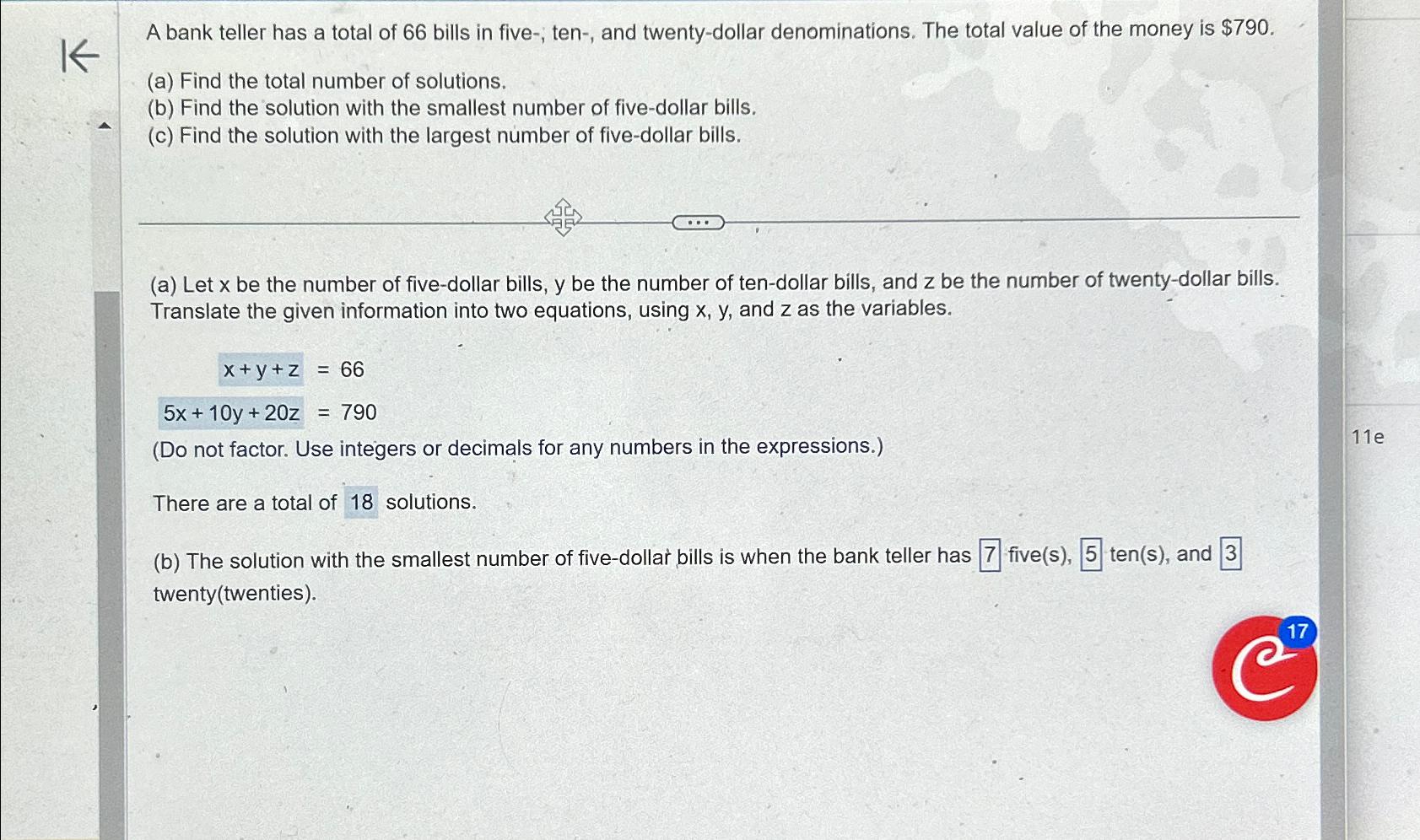 Solved A bank teller has a total of 66 ﻿bills in five-; | Chegg.com