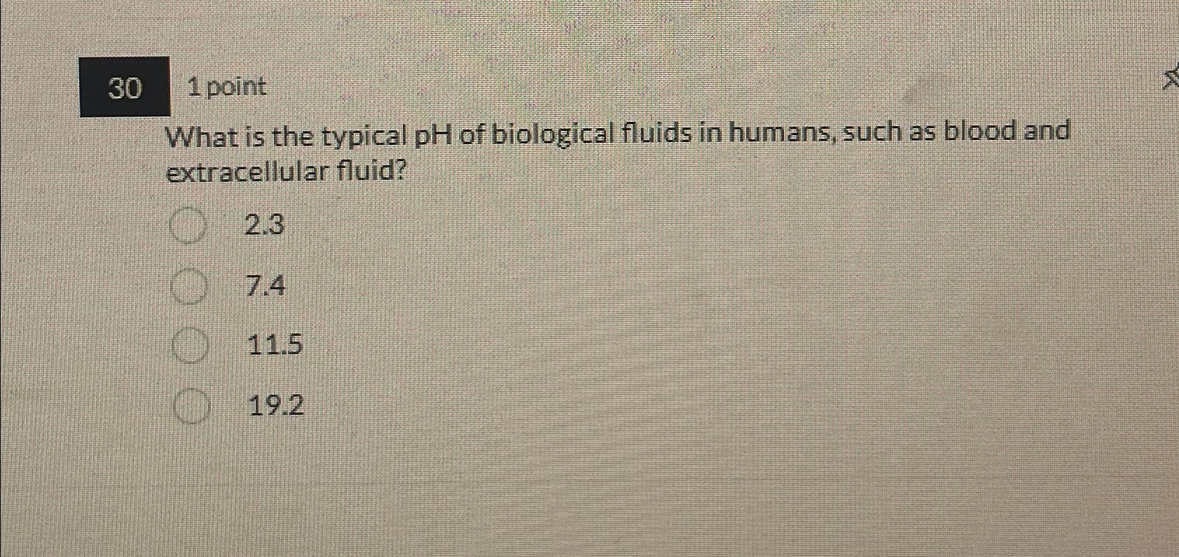 Solved 1 ﻿pointWhat is the typical pH of biological fluids | Chegg.com