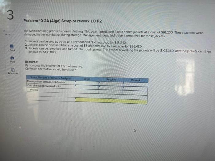 Solved 3 Problem 10-2A (Algo) Scrap or rework LO P2 Hip | Chegg.com