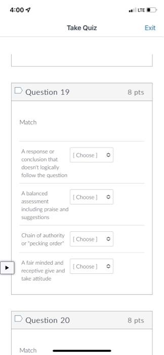 4:00 LTE Take Quiz Exit D Question 19 8 pts Match | Chegg.com