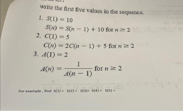Solved Write the first five values in the sequence. 1. | Chegg.com