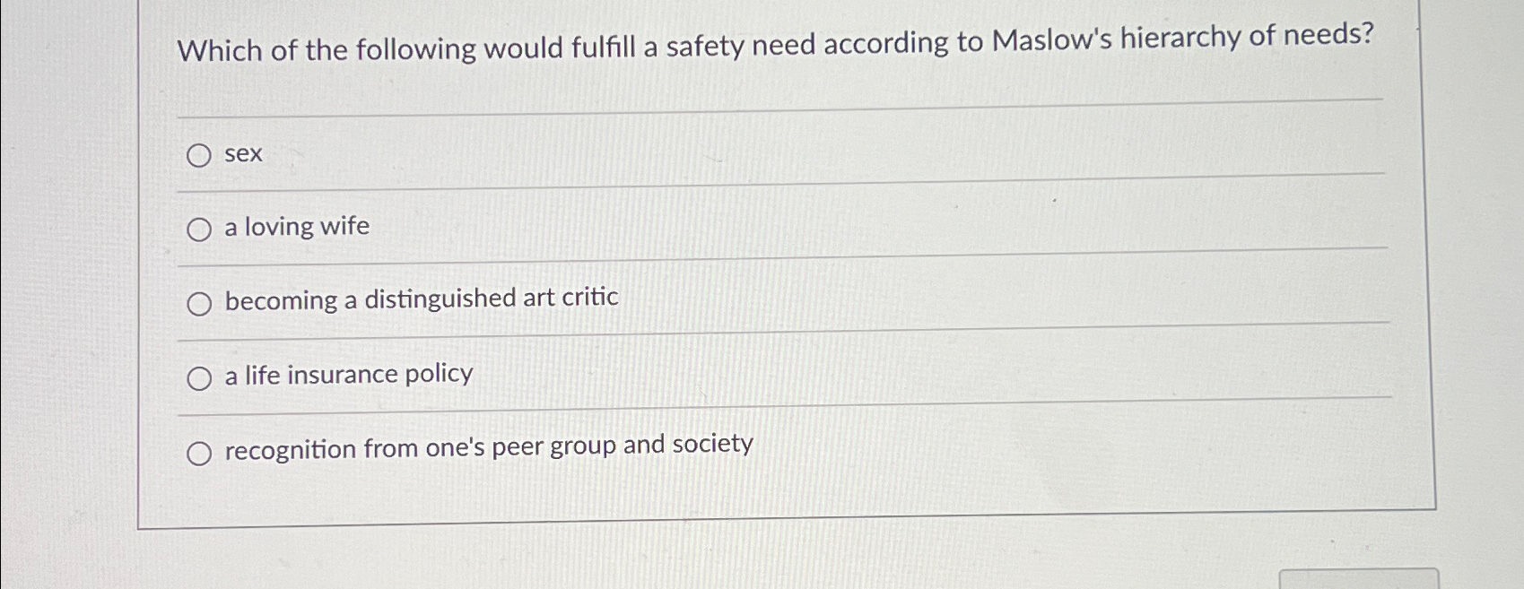 Solved Which of the following would fulfill a safety need | Chegg.com