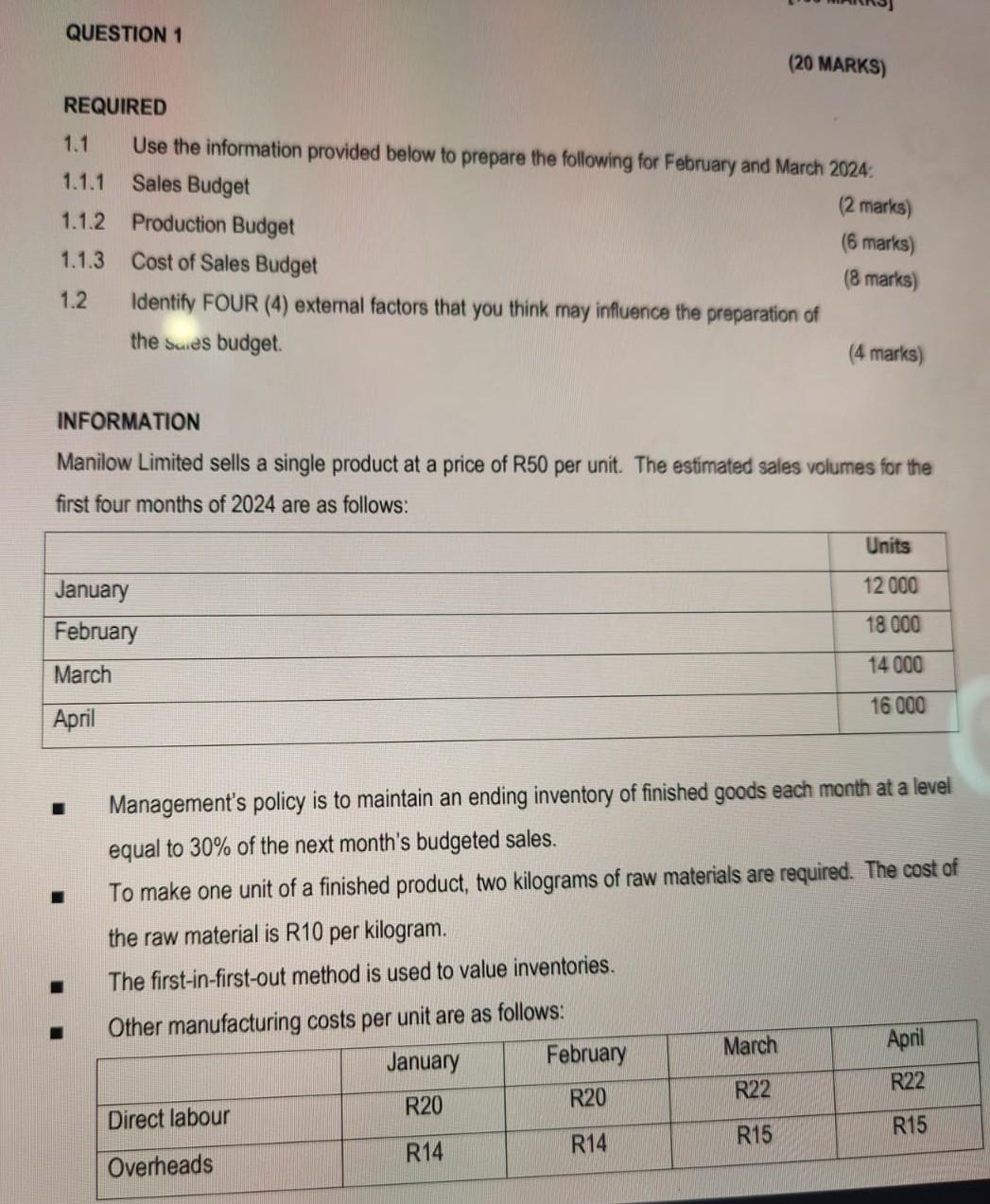 Solved QUESTION 1 (20 MARKS) REQUIRED 1.1 Use the | Chegg.com