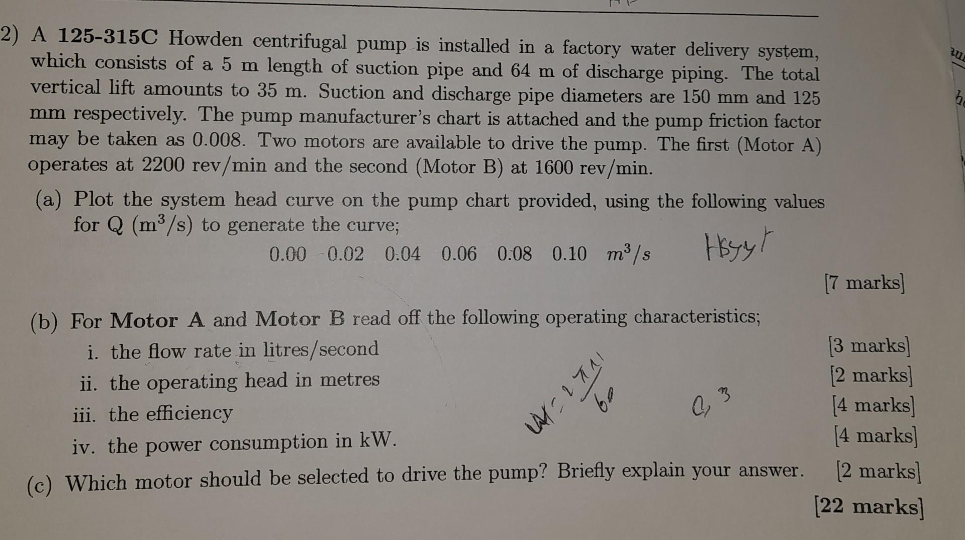 A 125-315C Howden centrifugal pump is installed in a | Chegg.com