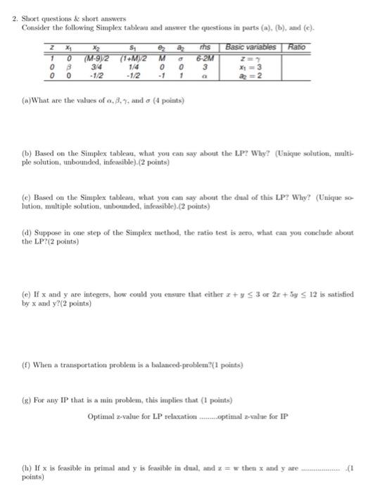 Solved 2. Short questions & short answers Consider the | Chegg.com