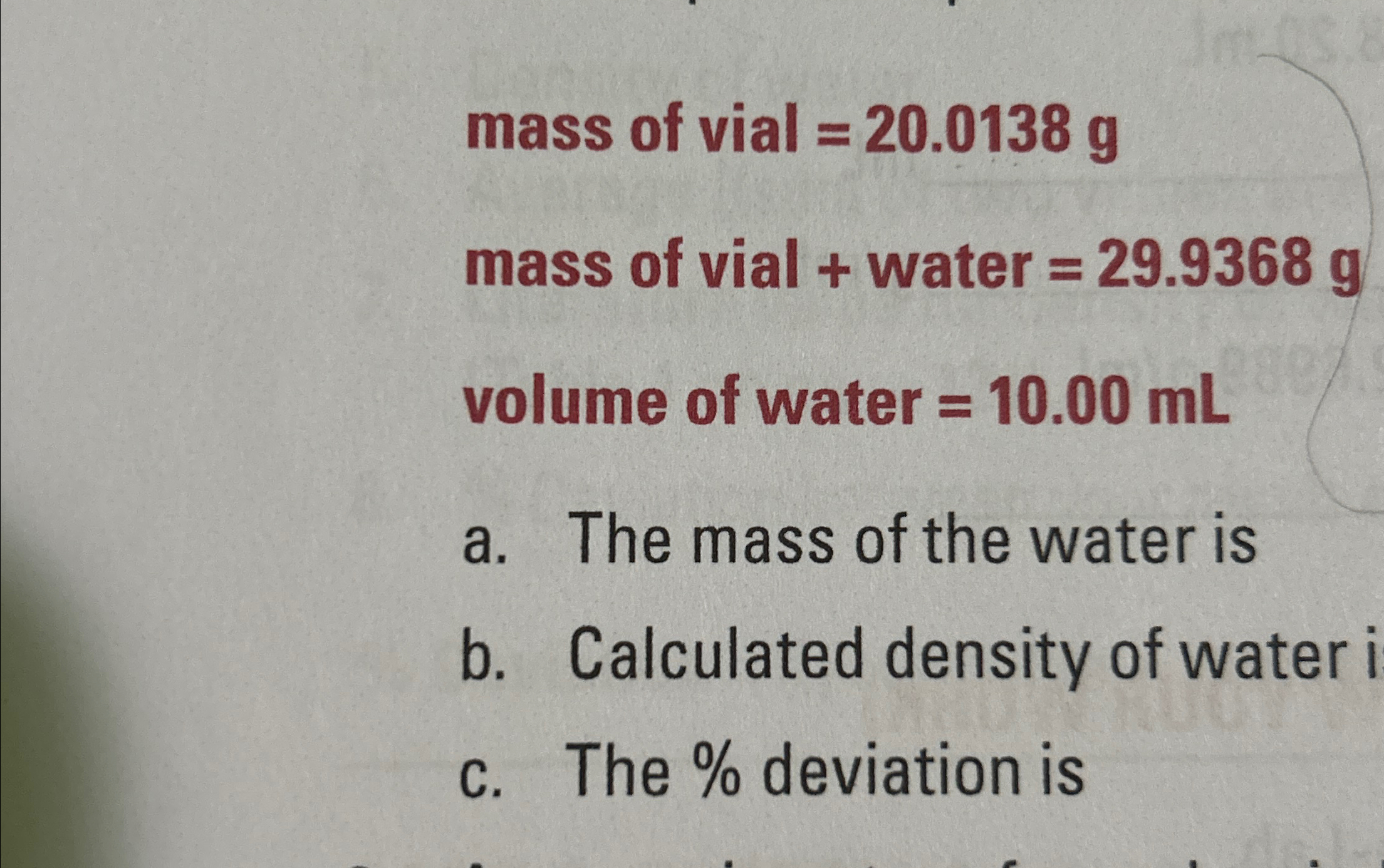 Solved mass of ﻿vial =20.0138g ﻿mass of ﻿vial + ﻿water | Chegg.com