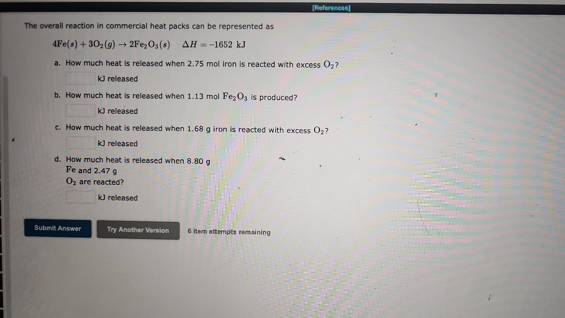 Solved The overall reaction in commercial heat packs can be | Chegg.com