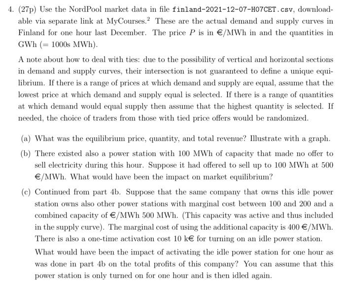 4. (27p) Use the NordPool market data in file | Chegg.com