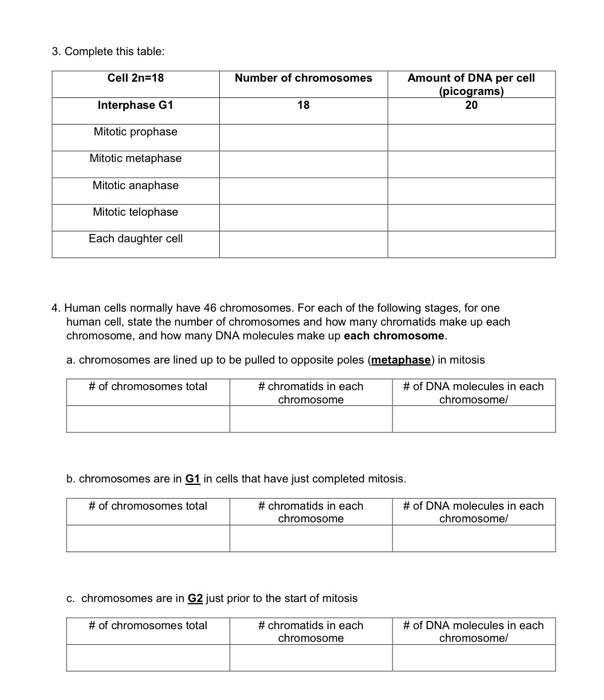 Solved 3. Complete this table: Cell 2n=18 Interphase G1 | Chegg.com