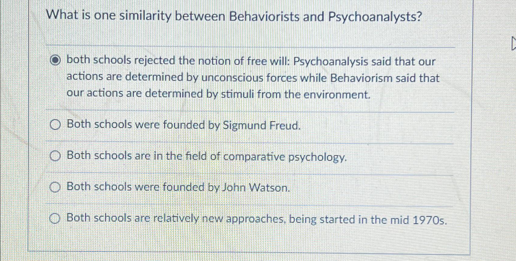 Solved What is one similarity between Behaviorists and | Chegg.com