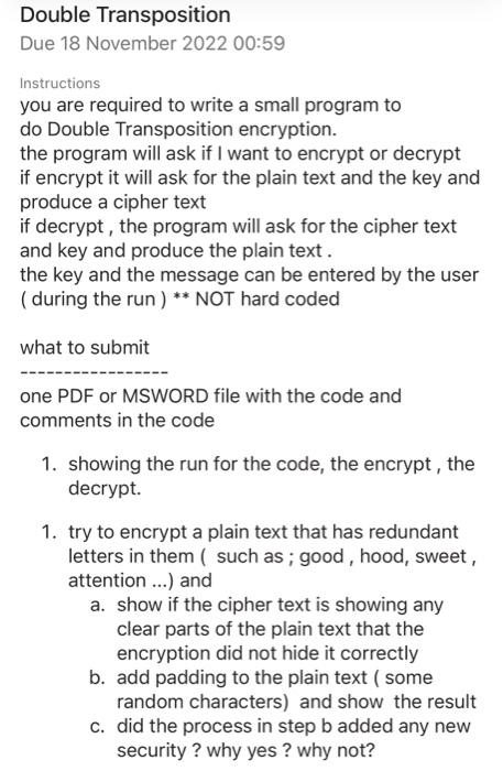 Solved Double Transposition Due 18 November 2022 00:59 | Chegg.com