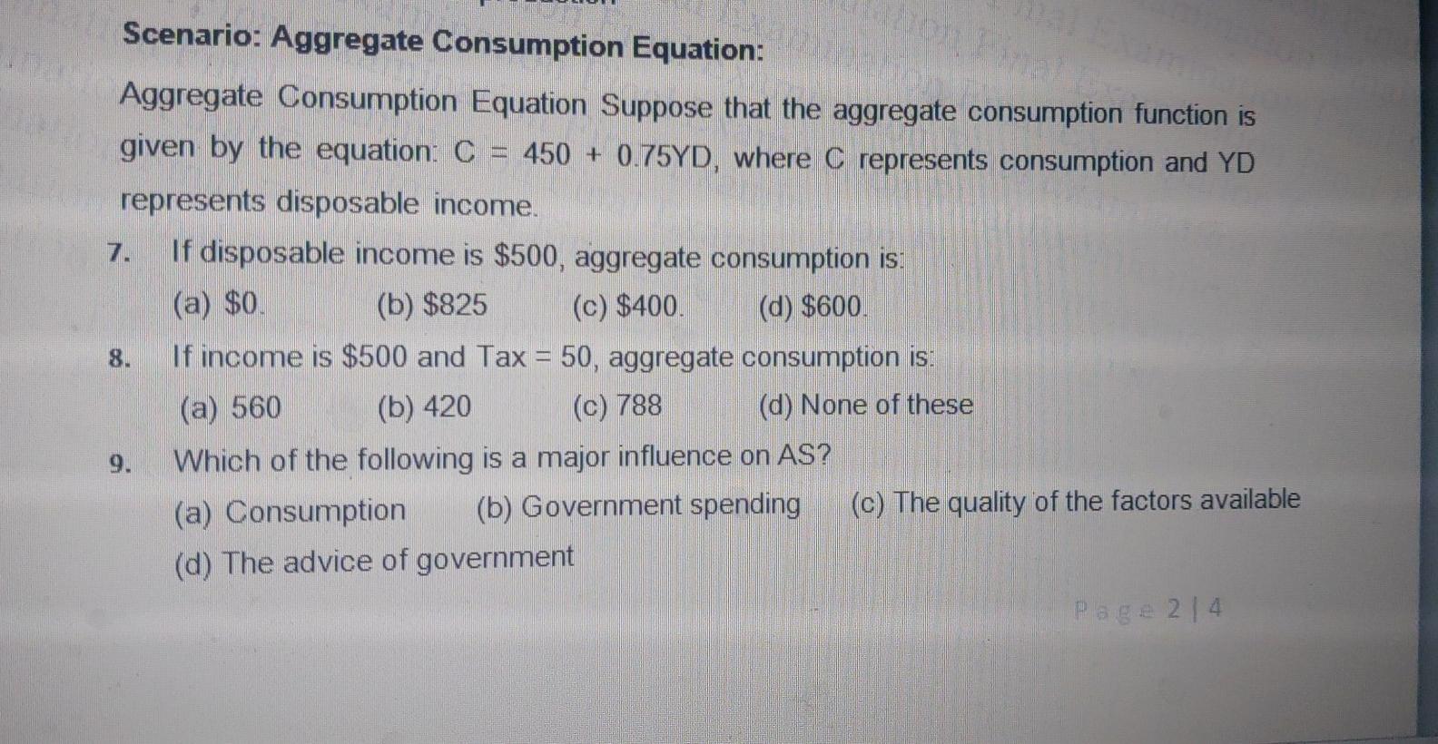 Solved Scenario: Aggregate Consumption Equation: Aggregate | Chegg.com