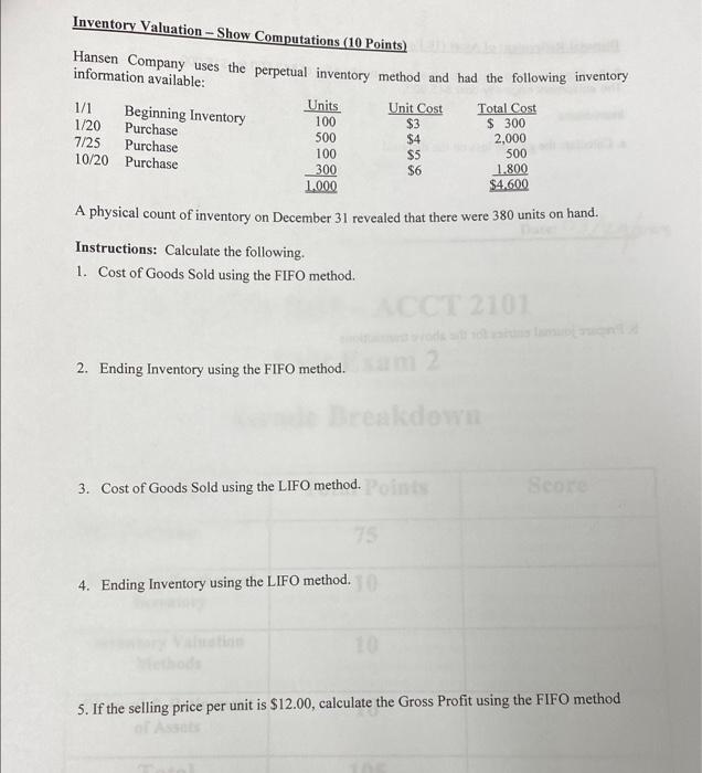Solved Inventory Valuation - Show Computations ( 10 Points) | Chegg.com