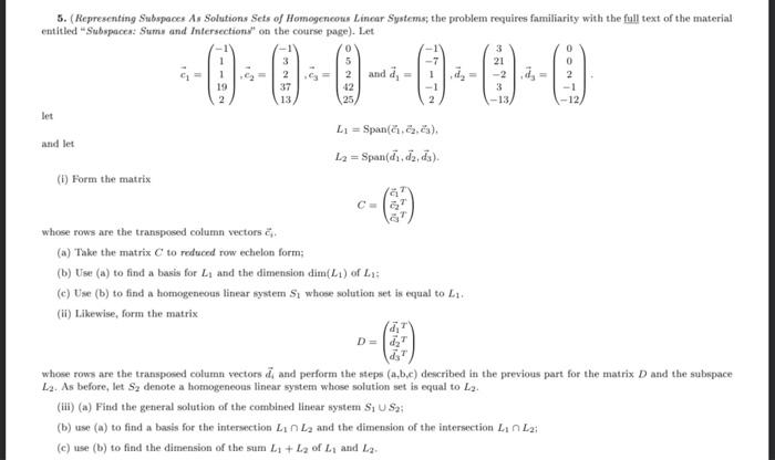 Solved 5. (Representing Subspaces As Solutions Sets of | Chegg.com