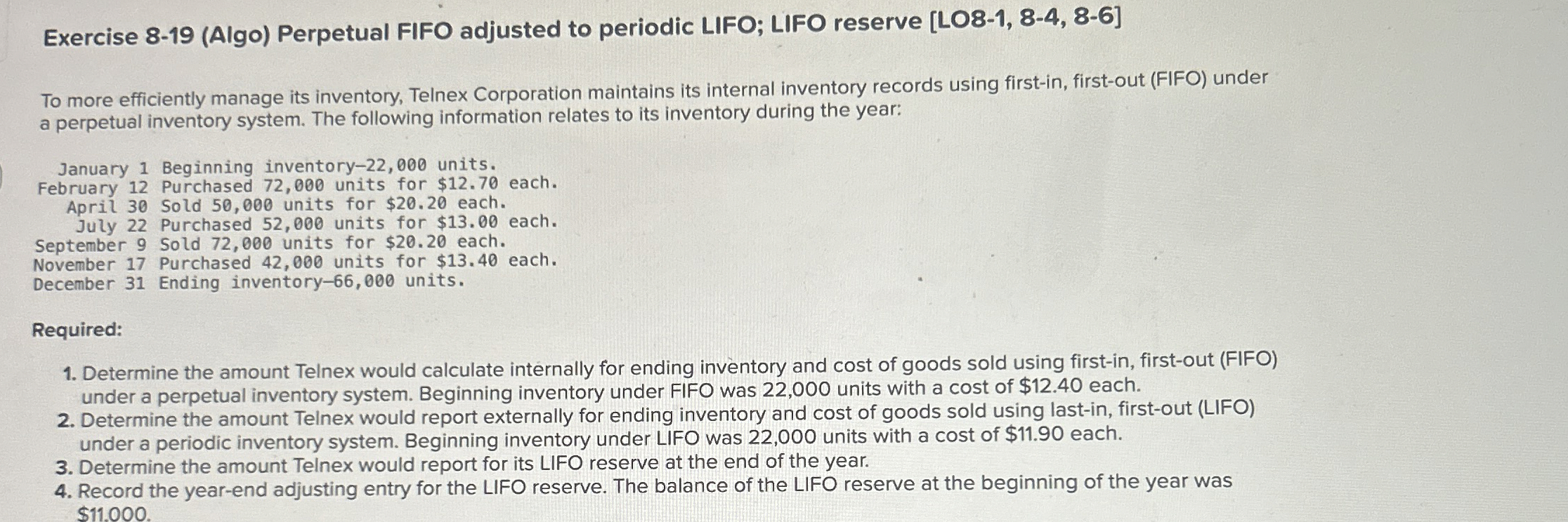 Solved Exercise 8-19 (Algo) ﻿Perpetual FIFO adjusted to | Chegg.com