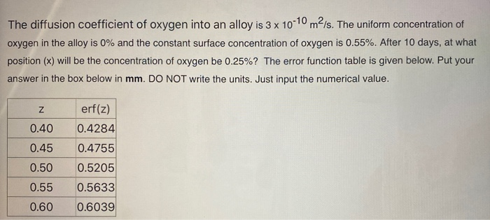 Solved The diffusion coefficient of oxygen into an alloy is | Chegg.com