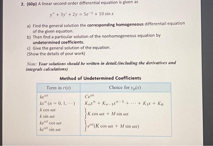 Solved 2. (60p) A linear second-order differential equation | Chegg.com