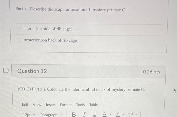 Solved (2001) Use the mystery primate skeletons in the | Chegg.com