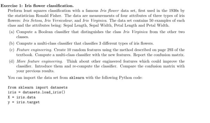 Exercise 1: Iris flower classification. Perform least | Chegg.com