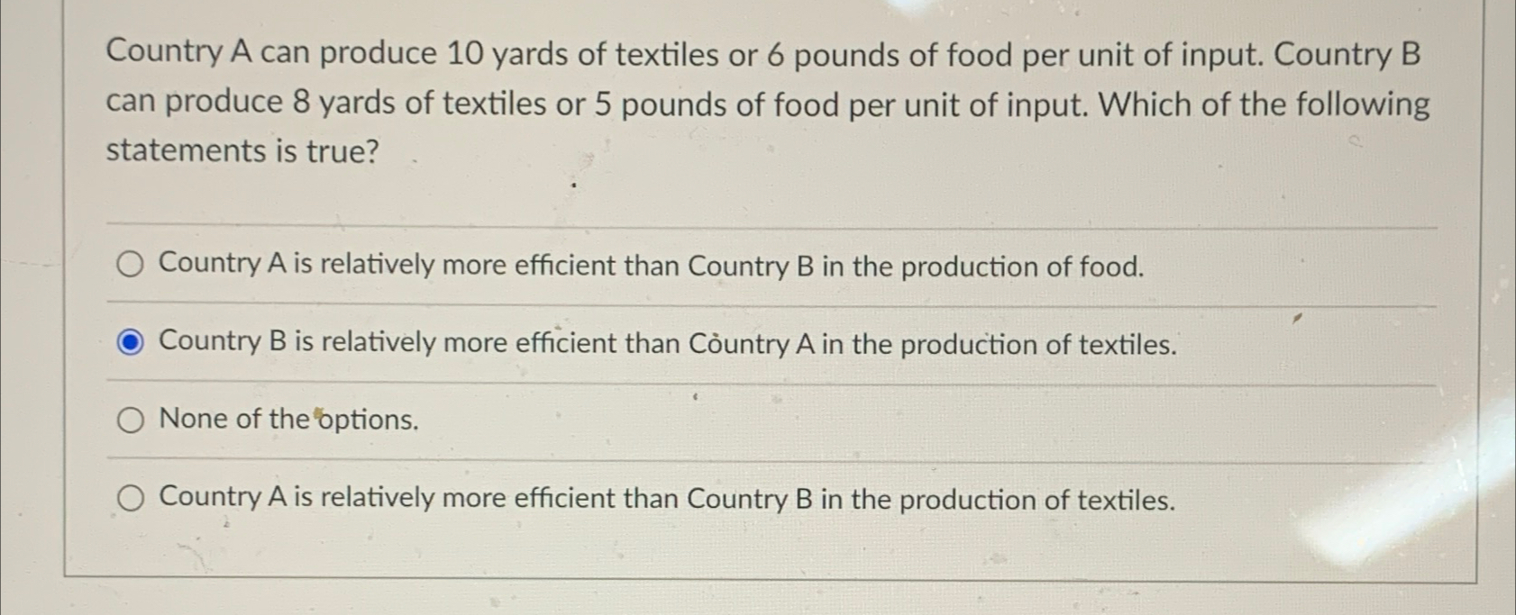 Solved Country A can produce 10 ﻿yards of textiles or 6 | Chegg.com