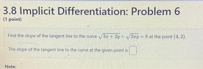 Solved 3.8 Implicit Differentiation: Problem 6 (1 point) | Chegg.com